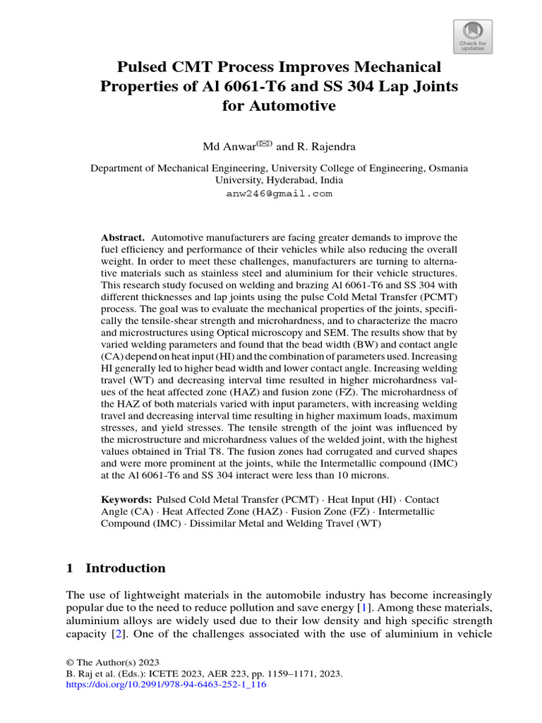 Pulsed CMT Process Improves Mechanical Properties of Al 6061-T6 and SS ...