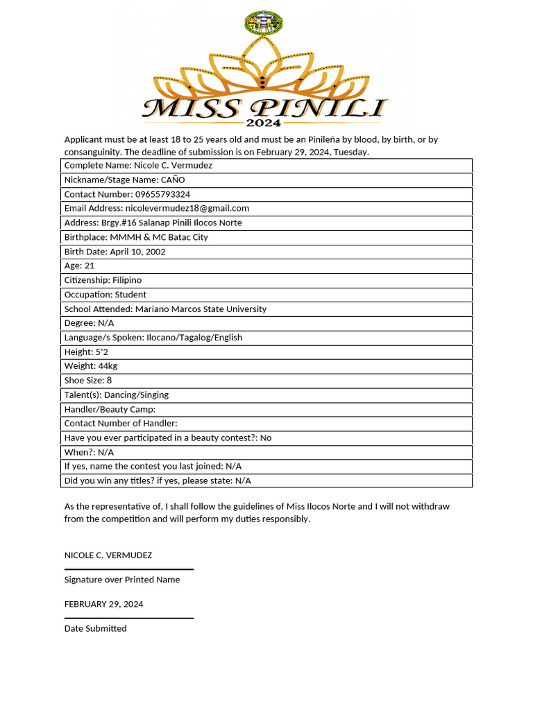 Miss Pinili Application Form SALANAP 2 | PDF