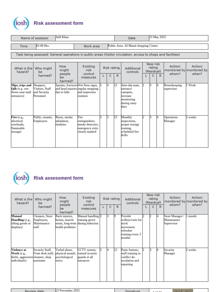IOSH Risk Assessment Adil Khan | PDF | Safety | Hazards