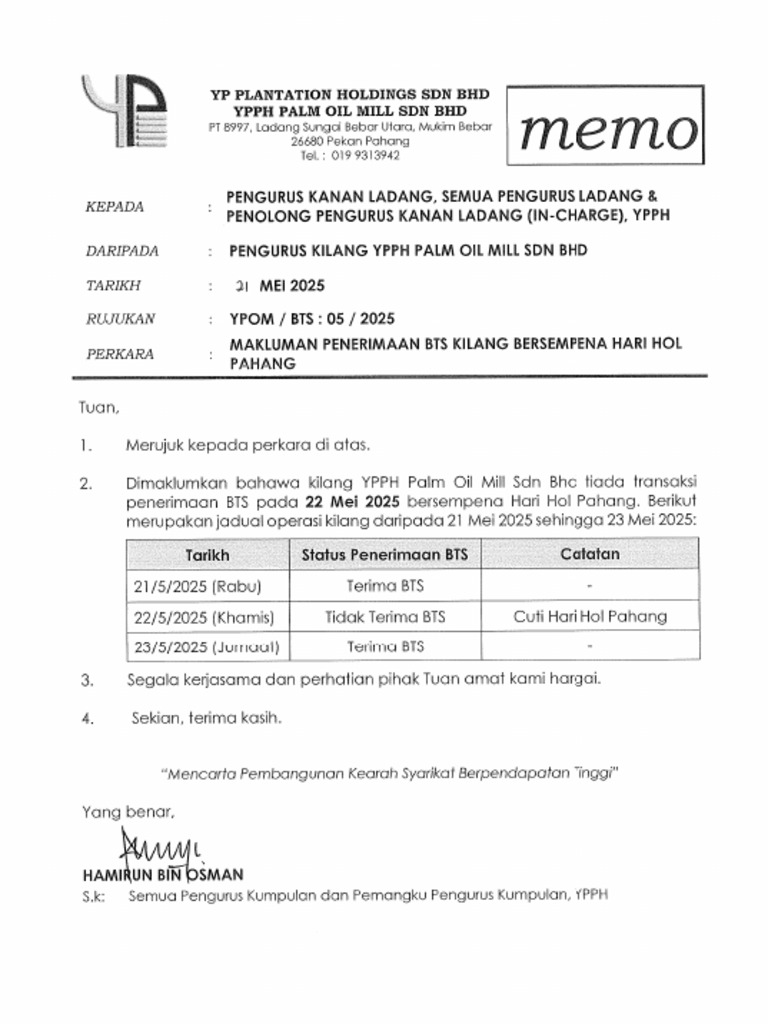 Makluman Penerimaan Bts Kilang - Hari Hol Pahang | PDF