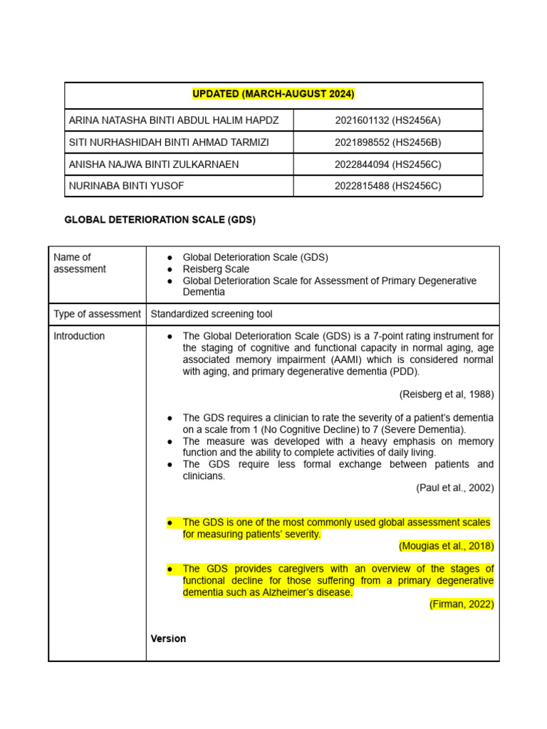 Global Deterioration Scale for Dementia | PDF | Dementia | Validity ...