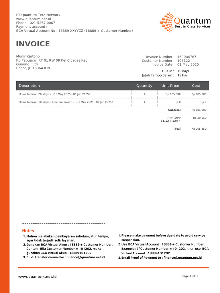 PT Quantum Tera Network Invoice 168084767 | PDF