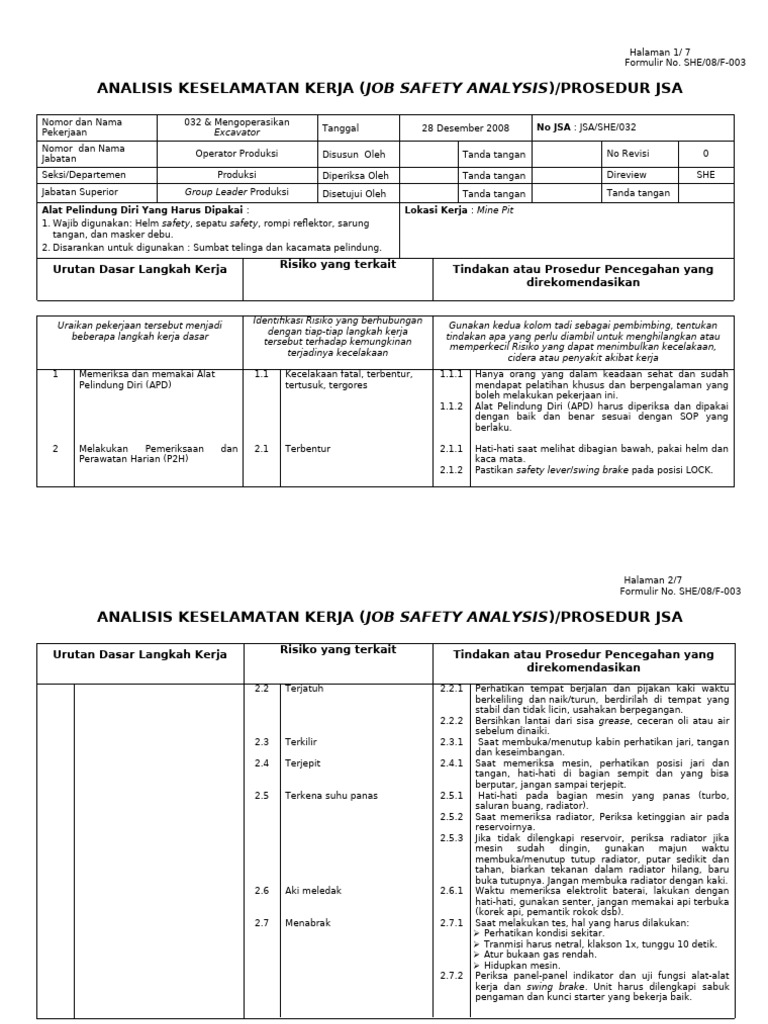 JSA Mengoperasikan Excavator | PDF