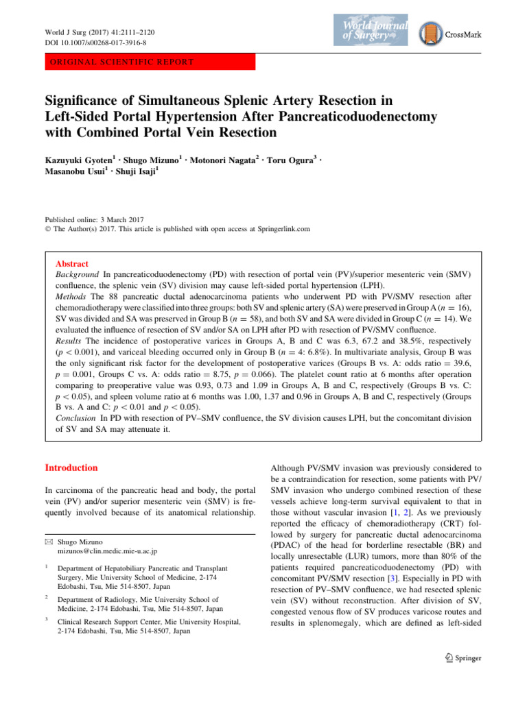 Significance of Simultaneous Splenic Artery Resection in Left-Sided Portal Hypertension After ...