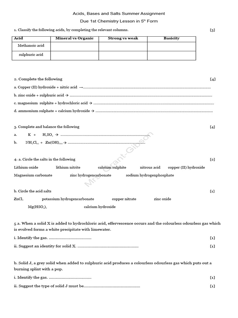 Acids, Bases and Salts Assignment | PDF | Hydroxide | Acid