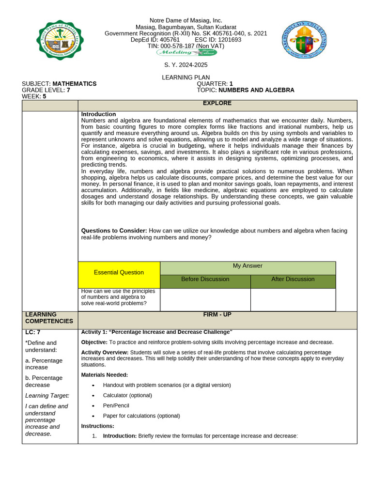 Grade 7 Math Learning Plan: Percentages | PDF | Algebra | Percentage