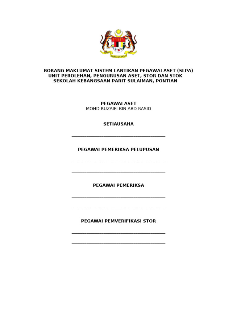 Contoh Borang AJK Aset Stor Stok | PDF