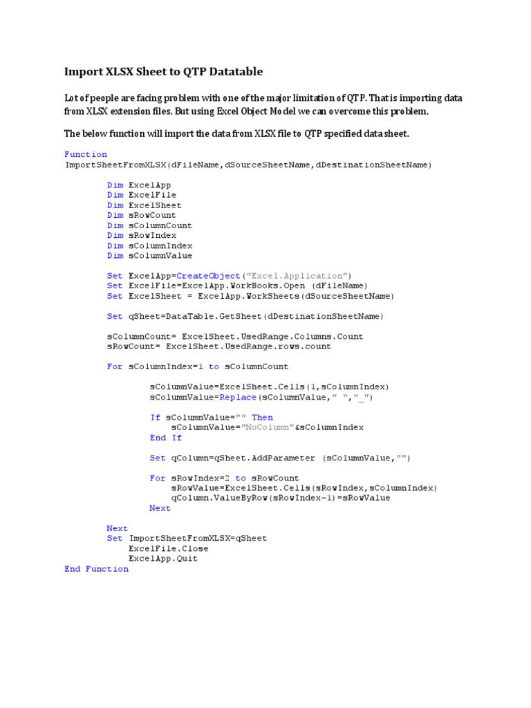 Import XLSX Sheet To QTP Datatable | PDF
