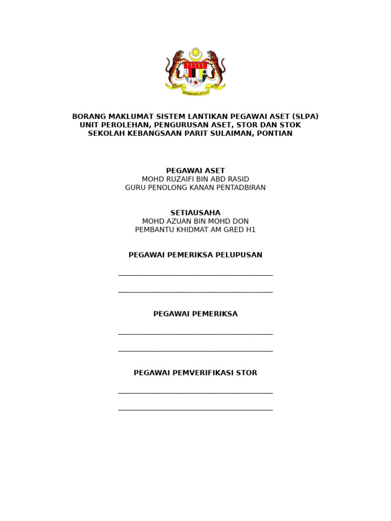 Contoh Borang AJK Aset Stor Stok | PDF