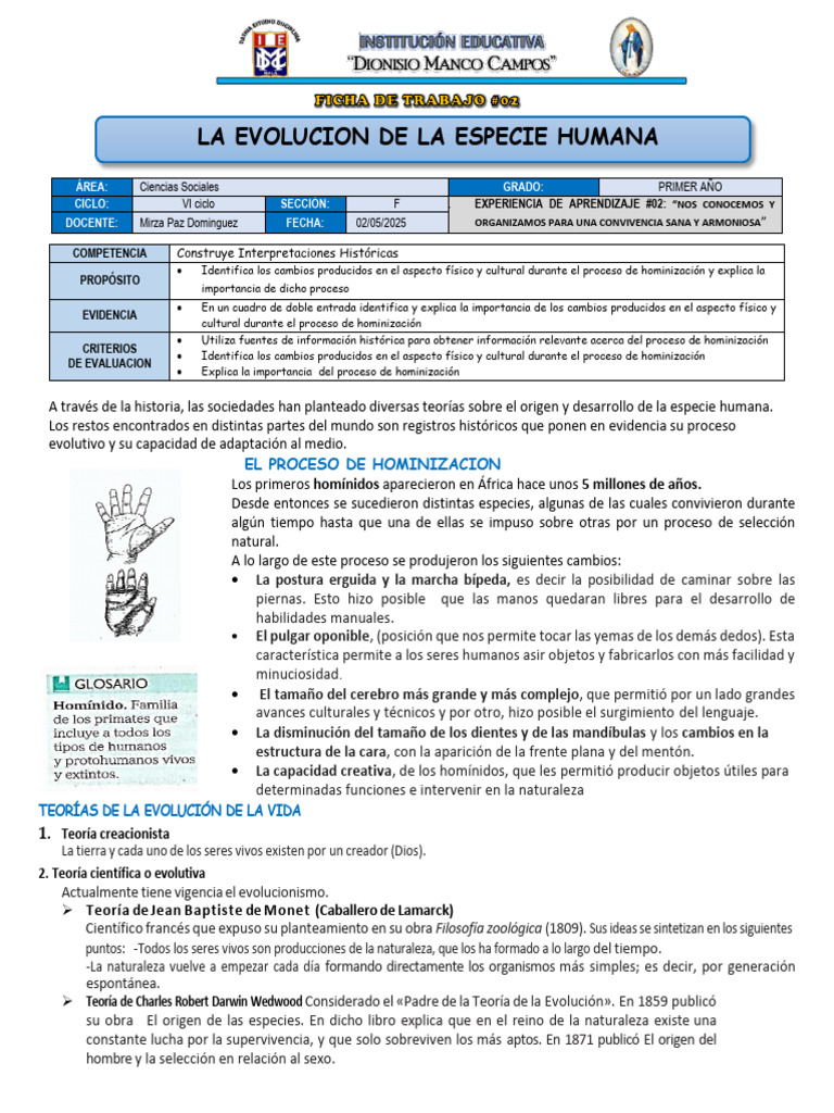 Ficha de Trabajo - CC - SS 1° - Evolucion Del Ser Humano - Paz Mirza - Semana 7-2025 - 1 | PDF ...