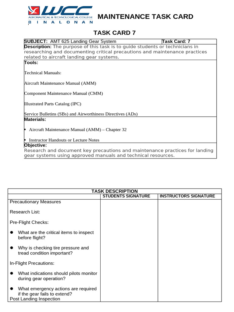 Task Card No.7 Finalslanding Gear System | PDF | Landing Gear | Tire
