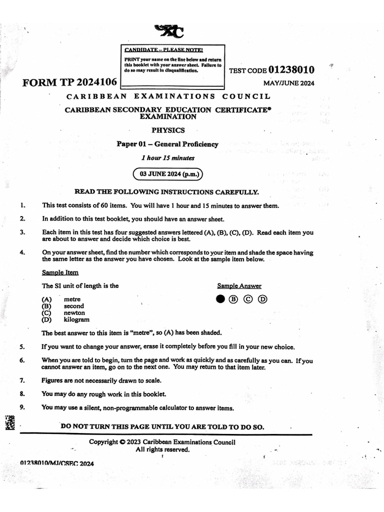 CSEC Physics MayJune P1 2024 | PDF