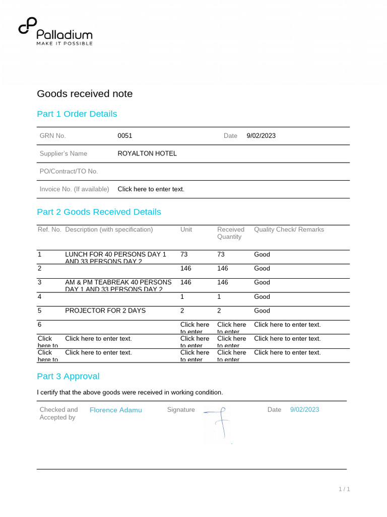 Goods Received Note - Hotels Services | PDF