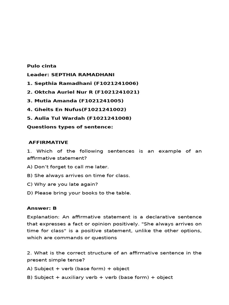 Here Are Five Affirmative Questions, Each With Four Options (One ...