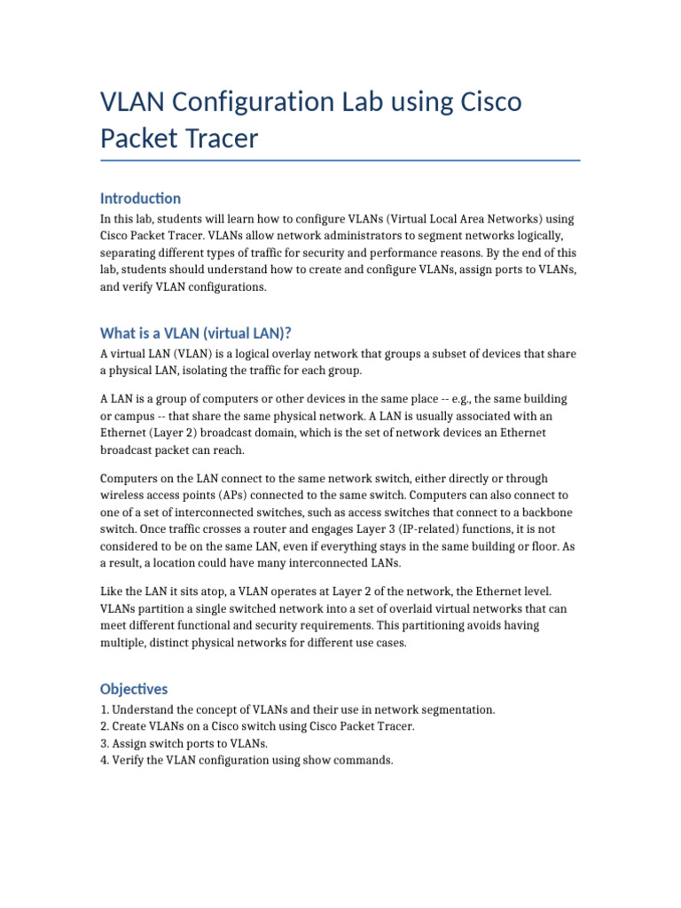 VLAN Configuration Lab with Cisco Packet Tracer | PDF | Computer ...