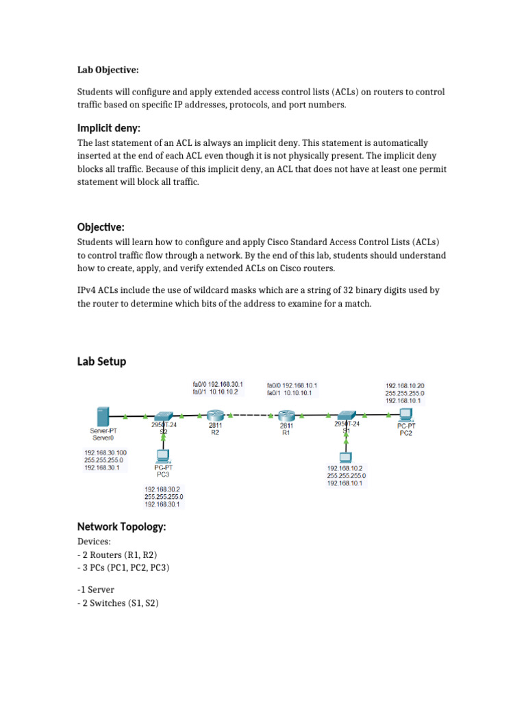 Lab 4 Cisco_Extended_Access_List_Lab | PDF | Ip Address | Internet Protocols