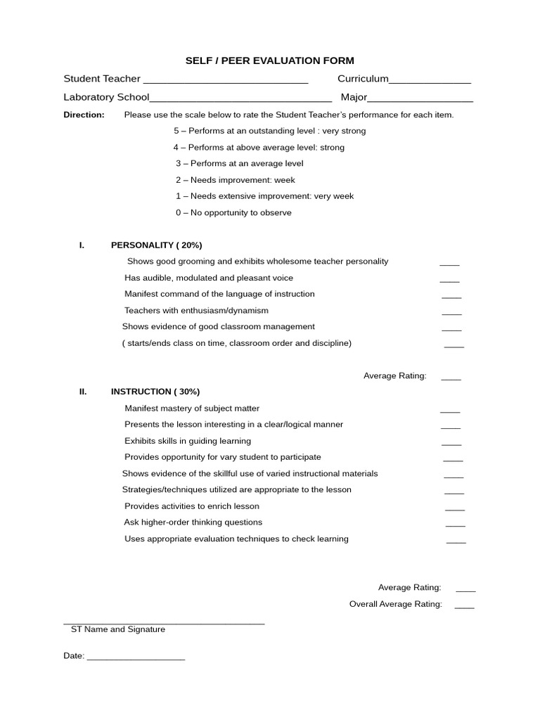 Self Peer Evaluation Form | PDF | Teachers | Pedagogy