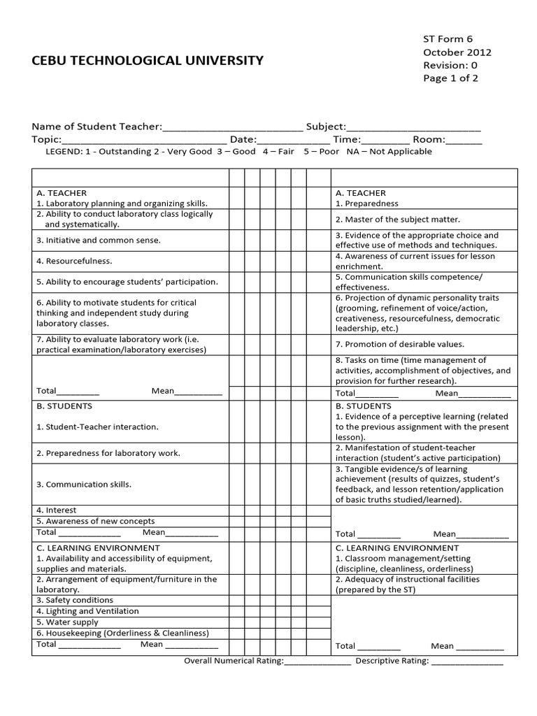 ST Form 6 Student Teaching Class Observation Form For STS STM | PDF | Teachers | Learning