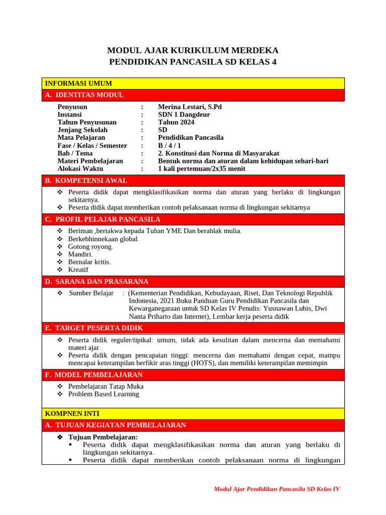 Modul Ajar PPKN BAB 2 KELAS 4 PMM Juli | PDF