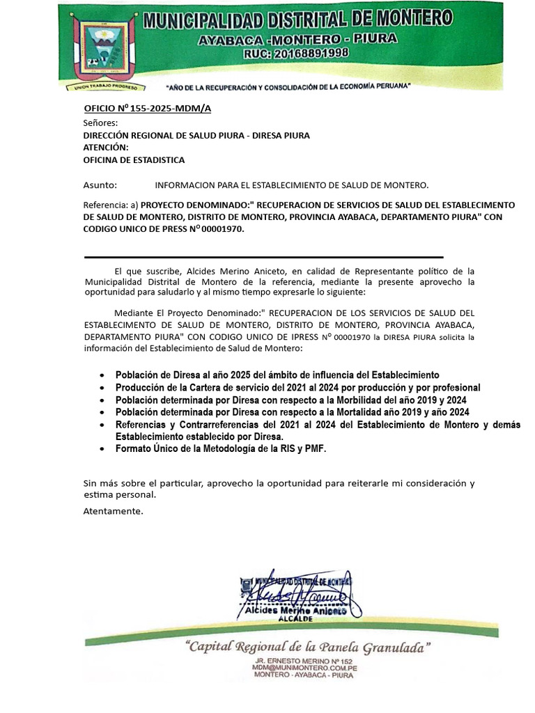 Oficio de Alcalde A Diresa Piura | PDF