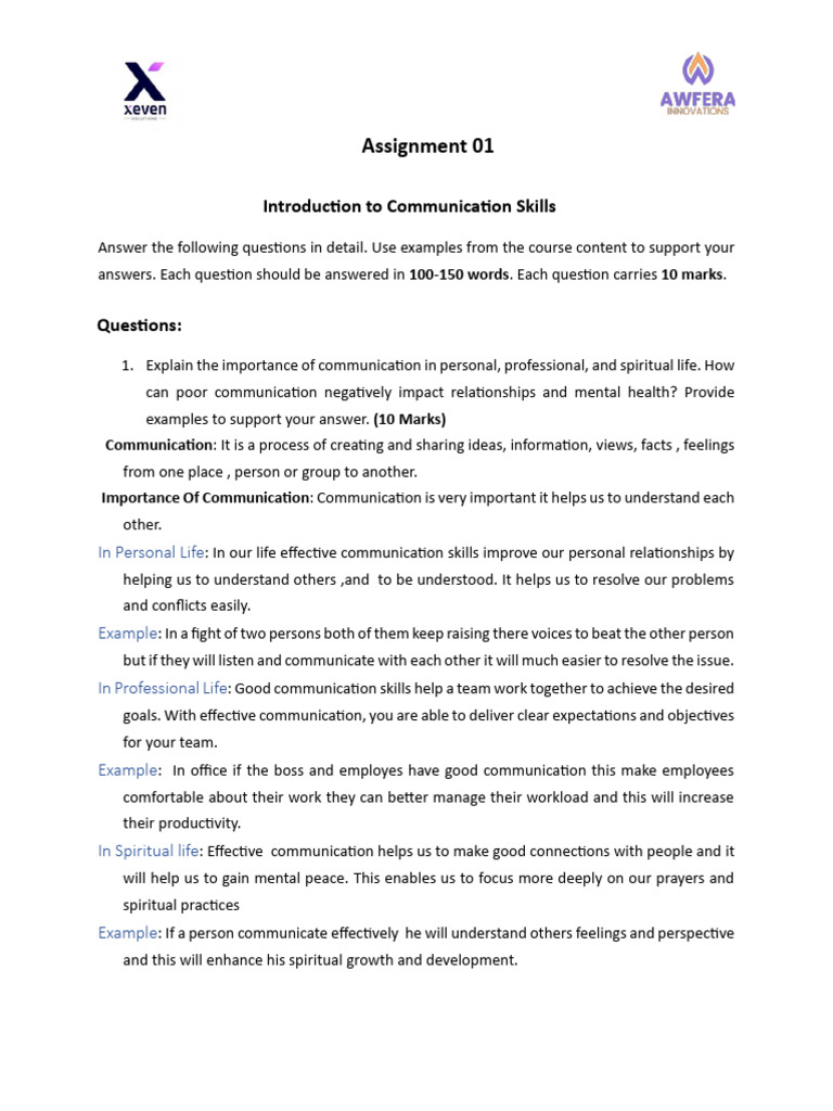 Communication Skills Assignment 01 Pdf Communication Nonverbal