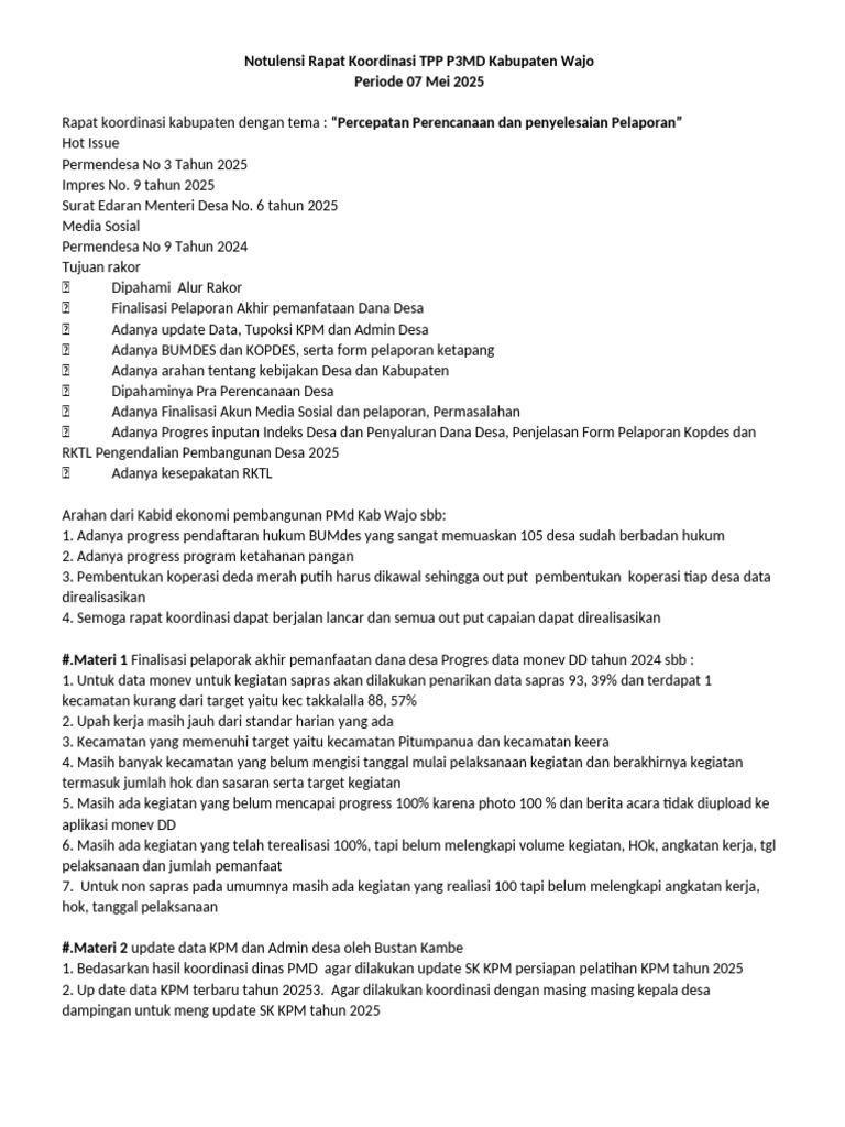 Notulensi Rapat Koordinasi TPP P3MD Kabupaten Wajo MEI 2025 | PDF