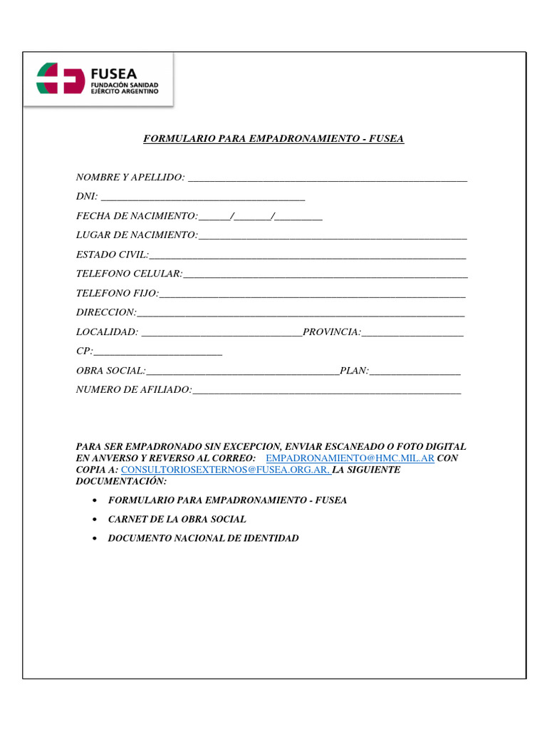 Formulario Empadronamiento FUSEA | PDF