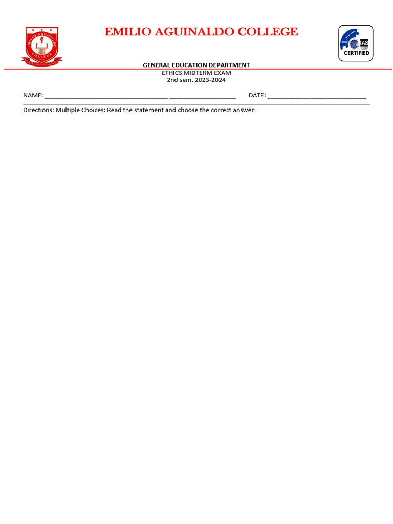 Ethics Midterm Exam_2023-2024 | PDF | Psychological Egoism | Utilitarianism