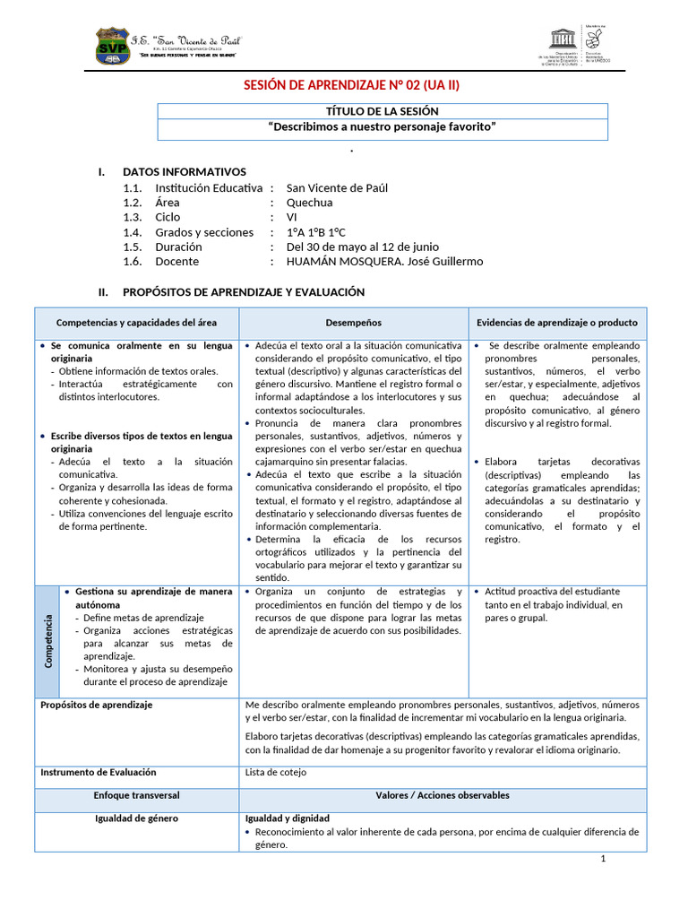 Sesión Aprendizaje 02 (Ua-Ii) Quechua 1° | PDF | Aprendizaje | Pronombre