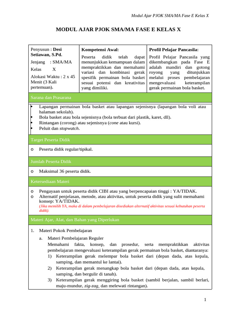 Modul Ajar Penjas X Basket | PDF