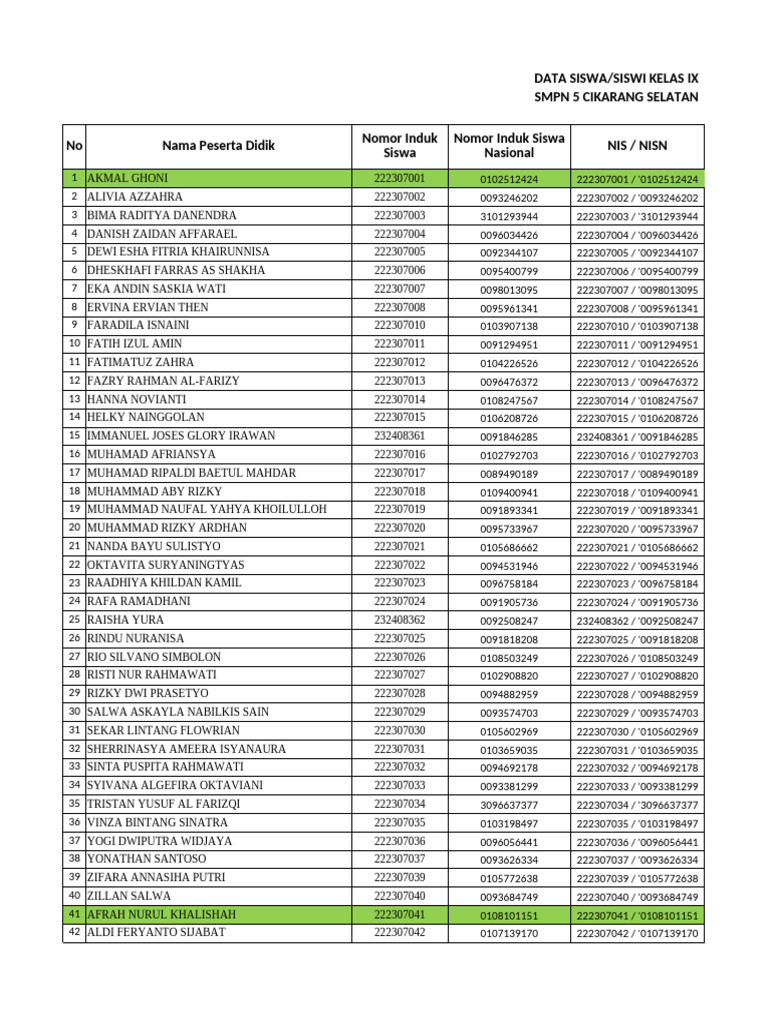 NISN Data for 2025 Students | PDF