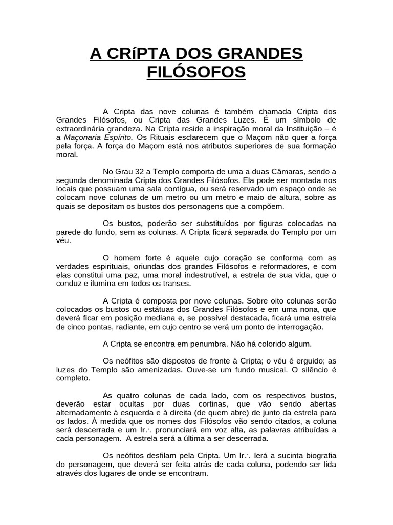 Cripta dos Grandes Filósofos: Grau 32 | PDF | Maçonaria | Deus