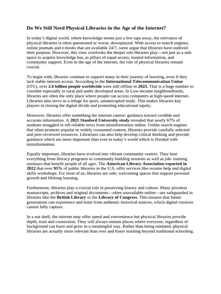 Do We Still Need Physical Libraries in The Age of The Internet | PDF | Libraries | Internet