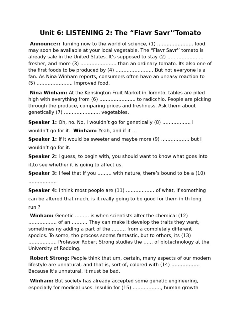 Unit 6 LISTENING 2 The Flavr Savr Tomato | PDF | Tomato | Biotechnology