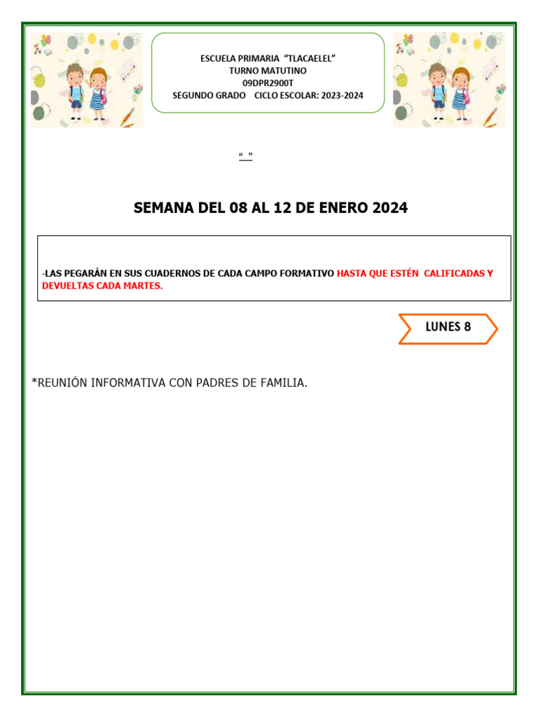 Guía Actividades Del 08 Al 12 Enero 2024 | PDF
