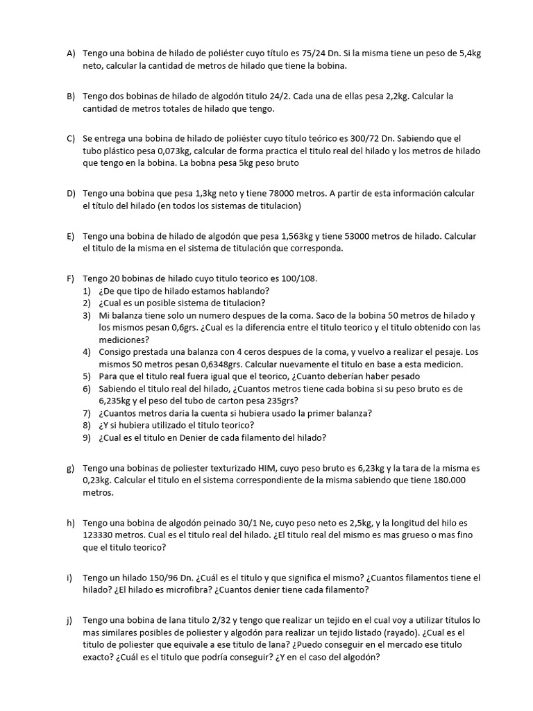 EJERCICIOS Titulación de Hilados | PDF | Textiles