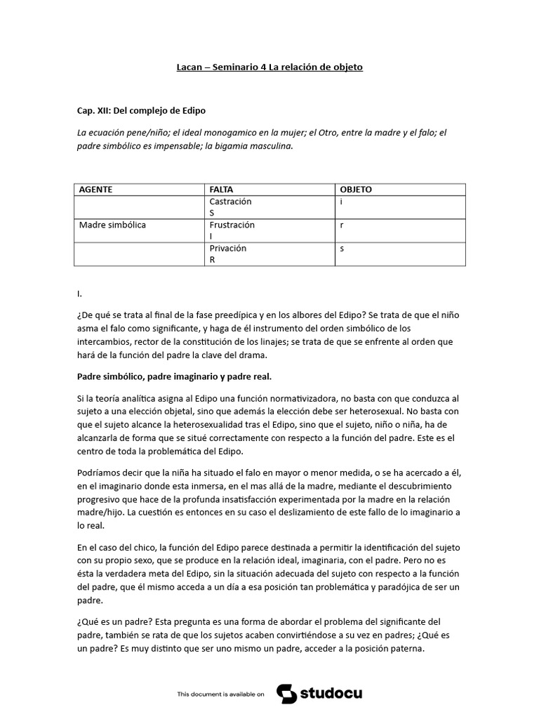 La Relacion de Objeto Lacan | PDF | Complejo de Edipo | Amor
