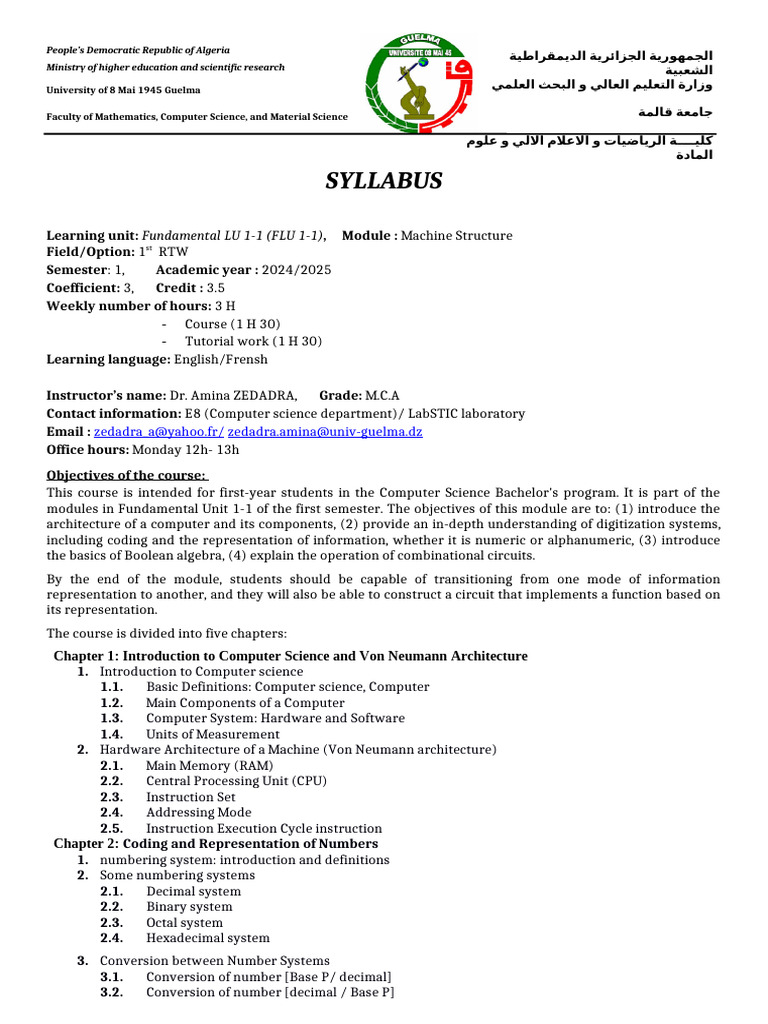 Syllabus SM ZEDADRA 2023 2024 | PDF | Central Processing Unit | Binary Coded Decimal