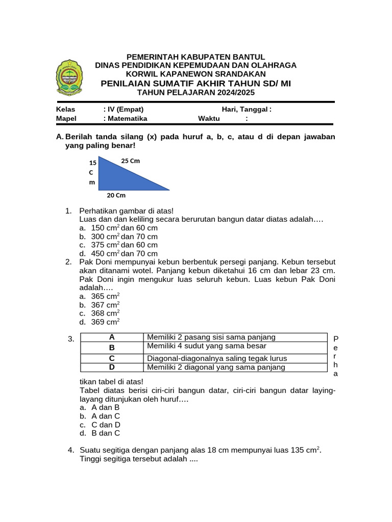 Penilaian Sumatif Matematika Kelas IV | PDF