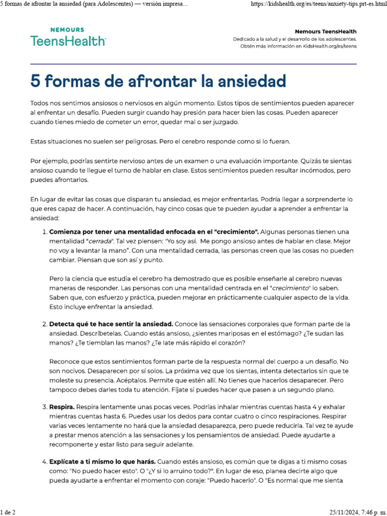 5 Formas de Afrontar La Ansiedad (Para Adolescentes) - Versión Impresa ...