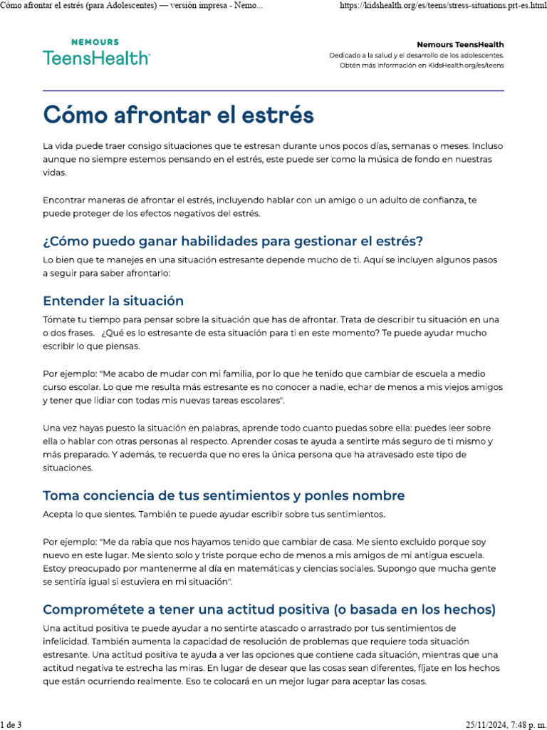 Cómo Afrontar El Estrés (Para Adolescentes) - Versión Impresa - Nemours ...