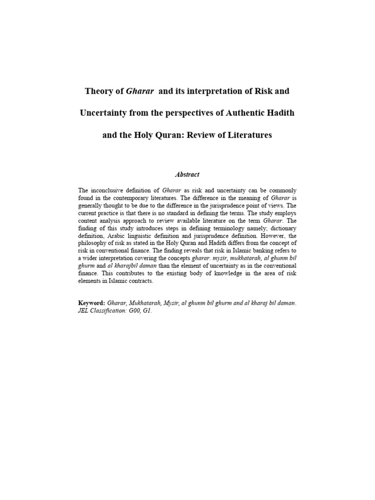 Theory of Gharar and Its Interpretation | PDF | Islamic Banking And ...
