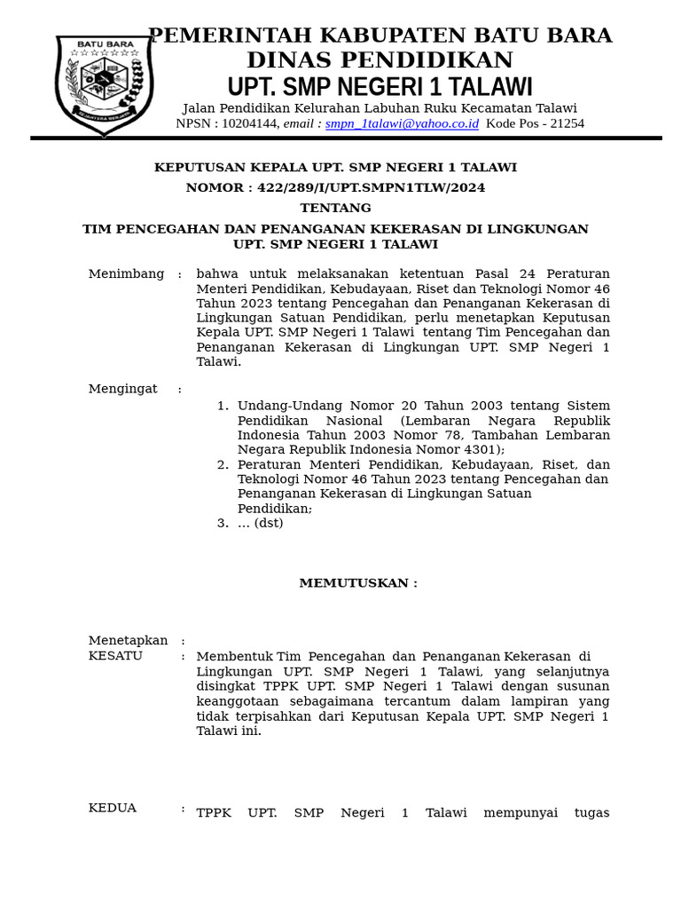 SK Kepala Satuan Pendidikan Pembentukan TPPK | PDF