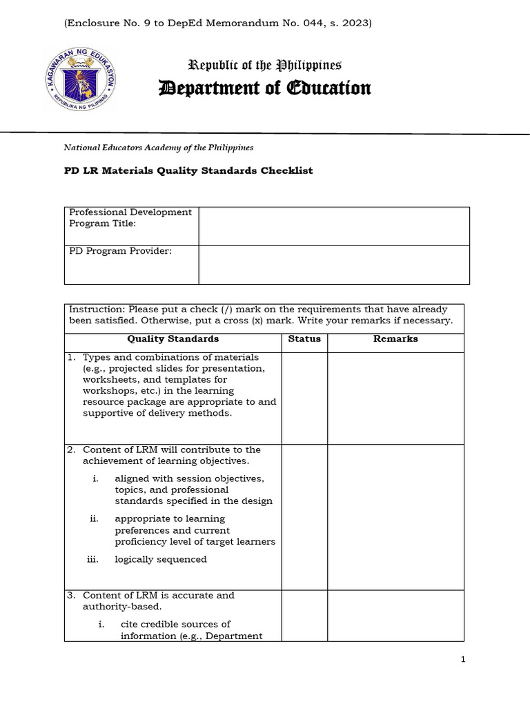 Enclosure No. 9 PD LR Materials QS Checklist | PDF | Typefaces | Arial
