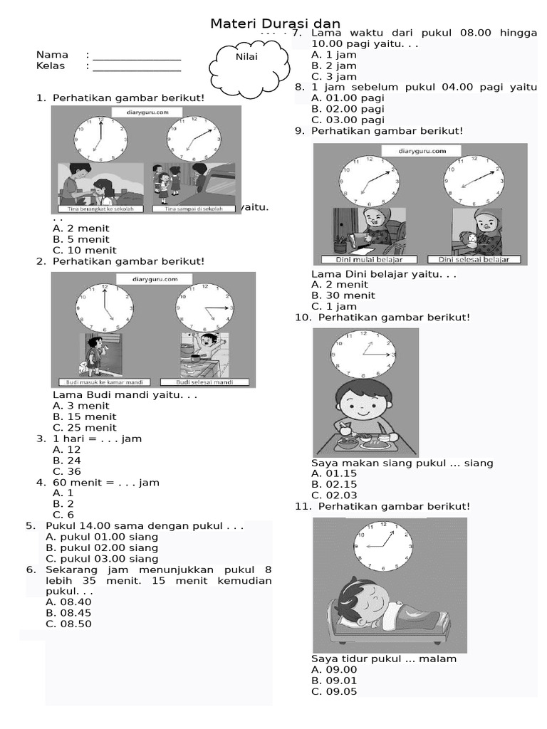 Soal Matematika Durasi Dan Waktu Kelas 2 Kurmer | PDF