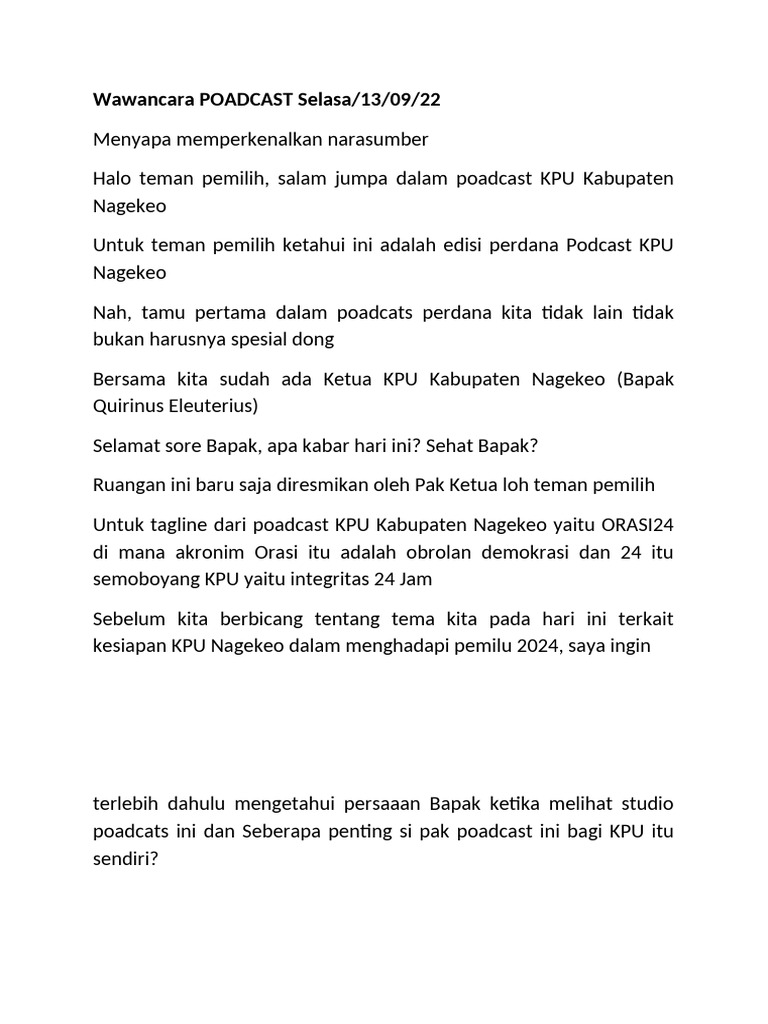 Wawancara Perdana Poadcast KPU Nagekeo | PDF