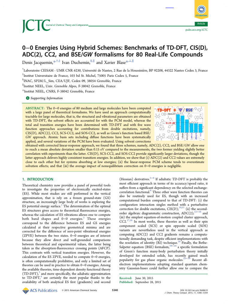 Duchemin Et Al 2015-0-0 Energies Using Hybrid Schemes Benchmarks of Td Dft Cis(d) Adc(2) Cc2 and ...