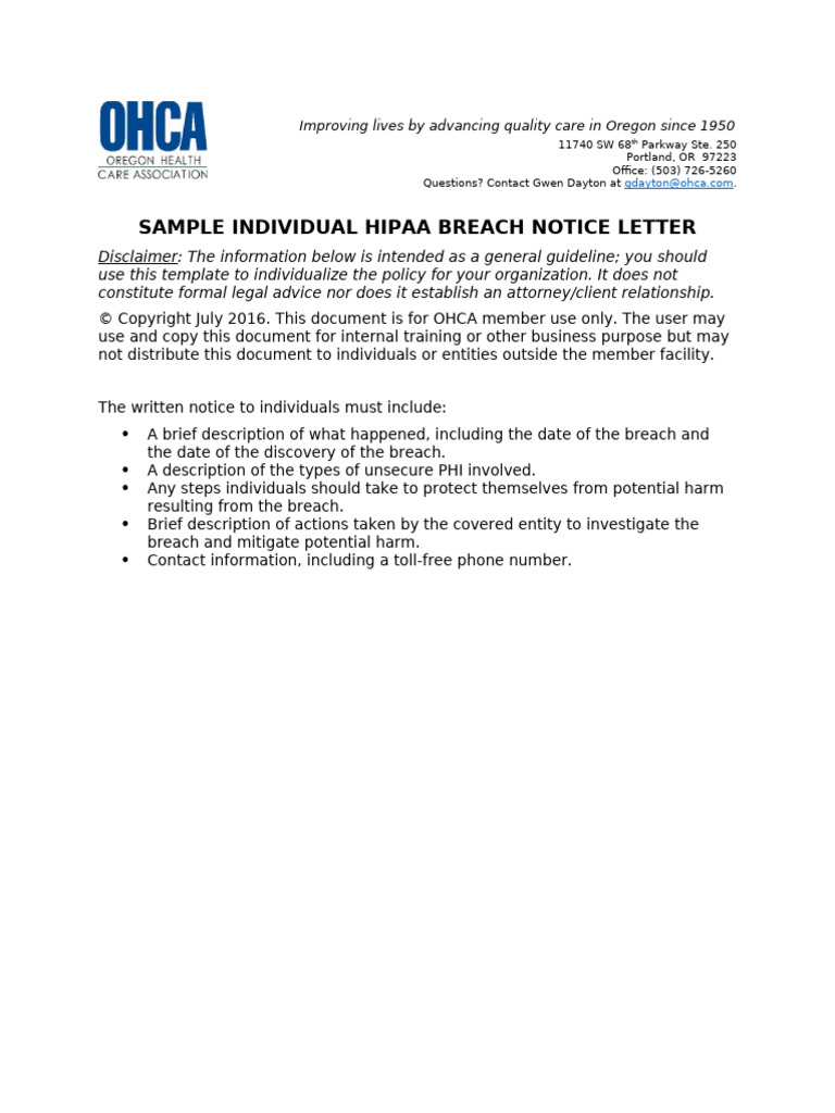 Sample Individual HIPAA Breach Notice Letter | PDF | Health Insurance ...