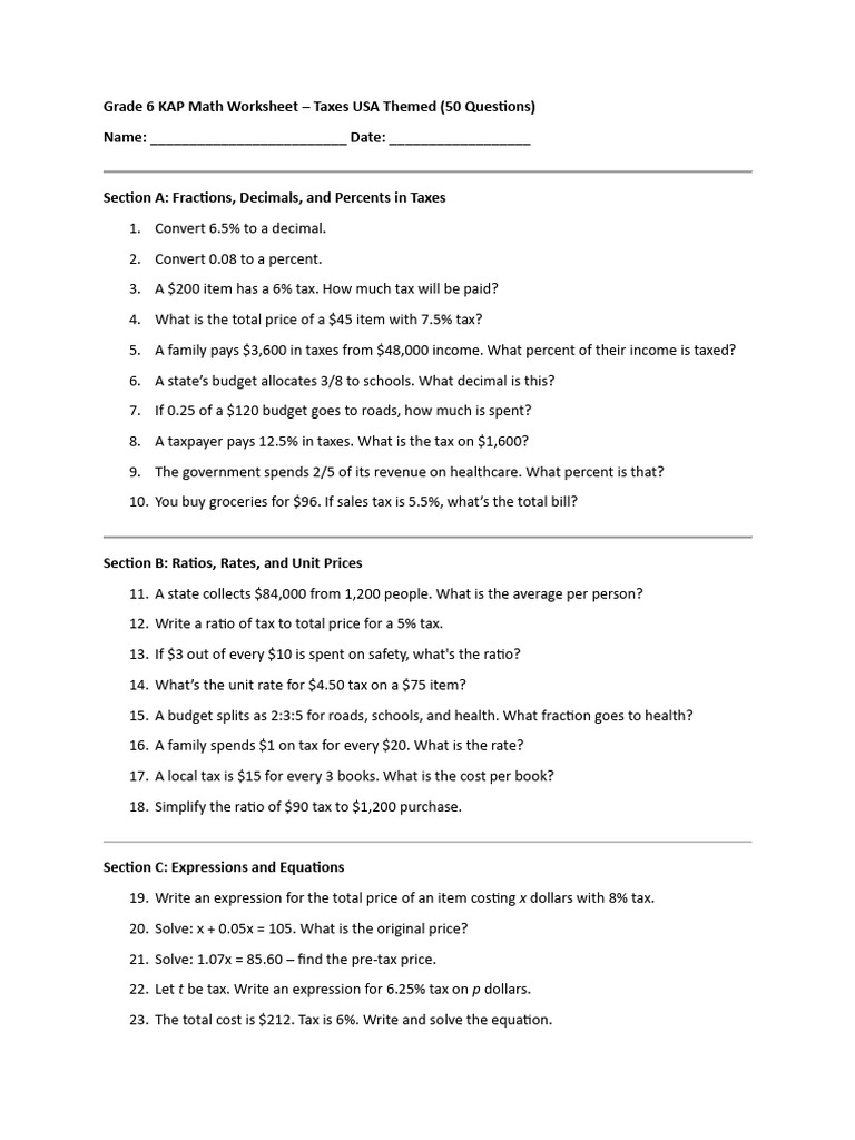 Grade 6 KAP Math Worksheet | PDF | Taxes | Taxpayer