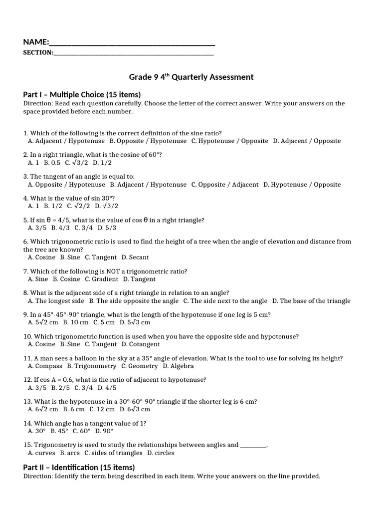 Grade 9 Trigonometry Assessment With Answer Key | PDF | Trigonometric ...